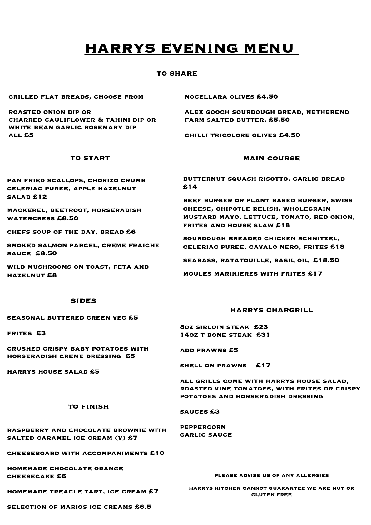 SAMPLE EVENING MENU | Harry's Bar Cowbridge